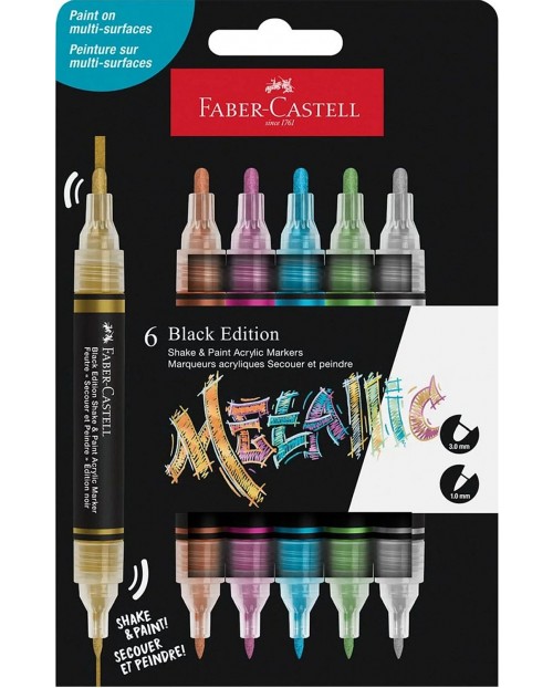 Комплект двувърхи акрилни маркери Faber-Castell Black Edition - 6 металикови цвята | Ozone.bg