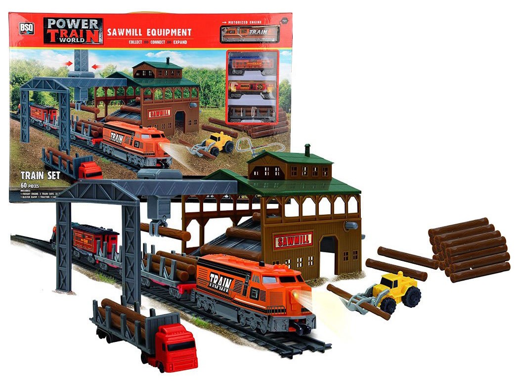 Игрален комплект Power Train World - Товарен влак с дъскорезница, 450 ...