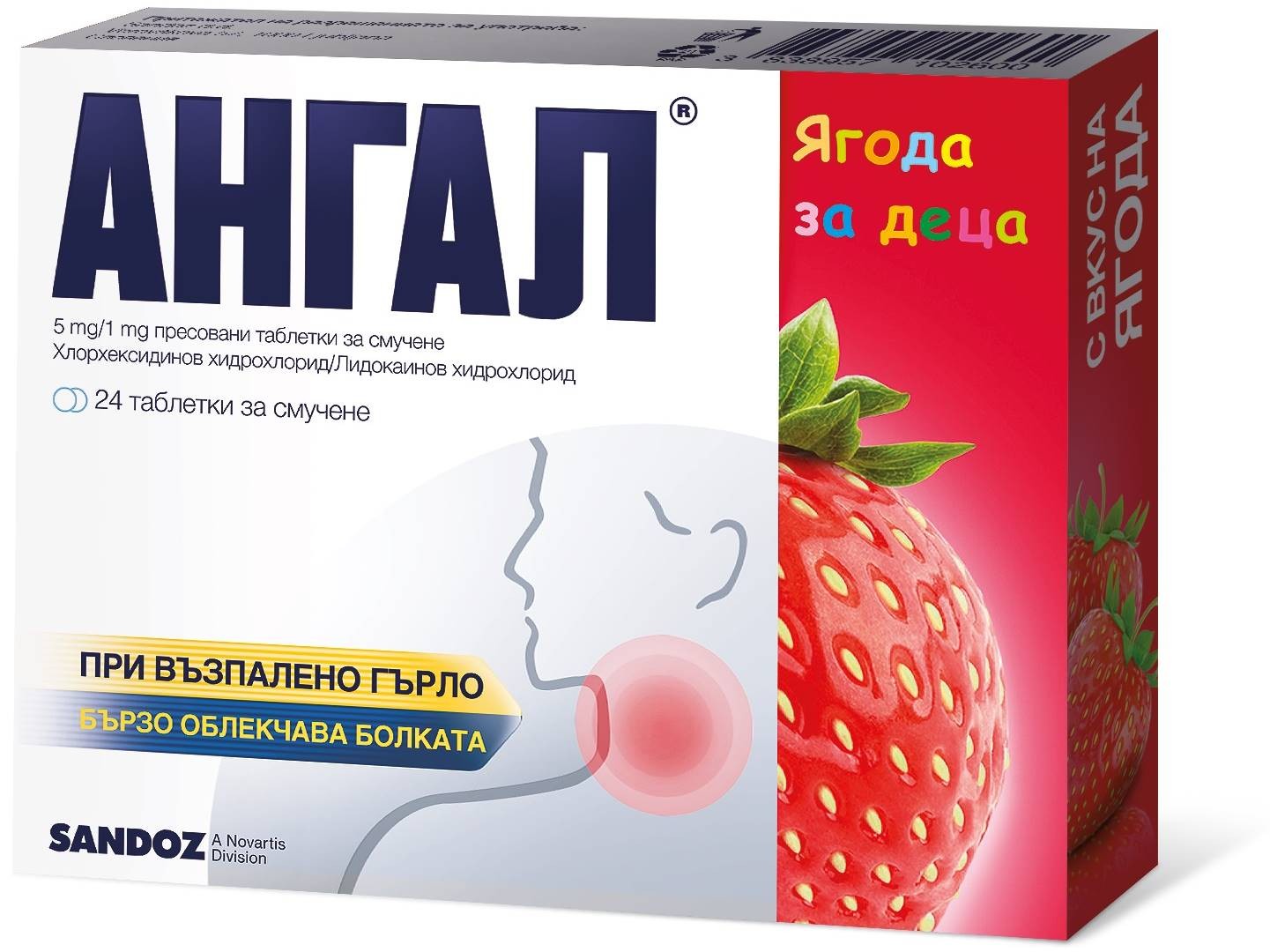 Ангал за деца, с вкус на ягода, 24 таблетки за смучене, Sandoz | Ozone.bg