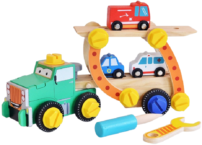 Дървен конструктор Acool Toy - Камион с пожарна, линейка и полицейска ...