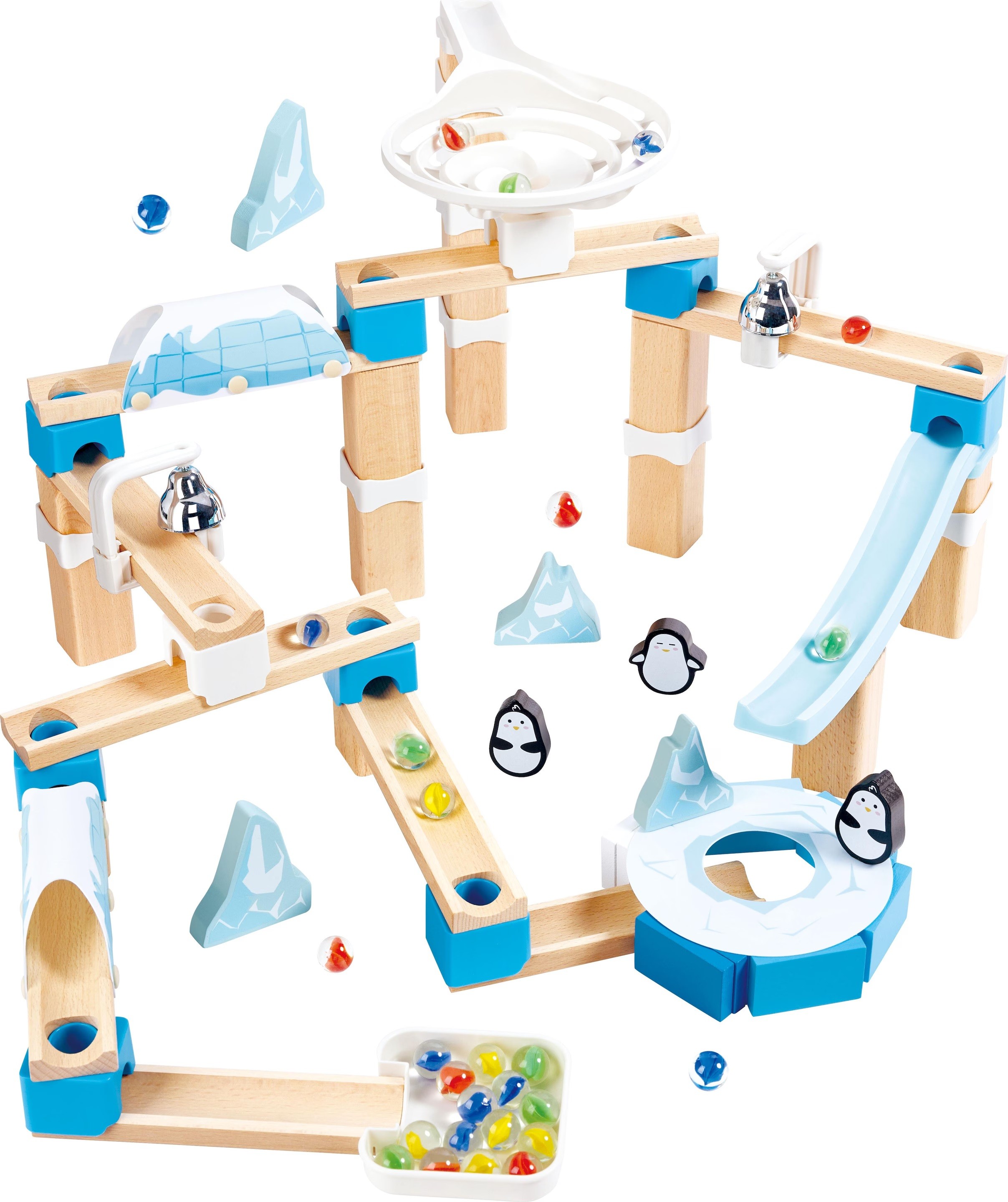 Дървена игра Hape - Писта с пингвини и топчета, 112 части | Отлична ...