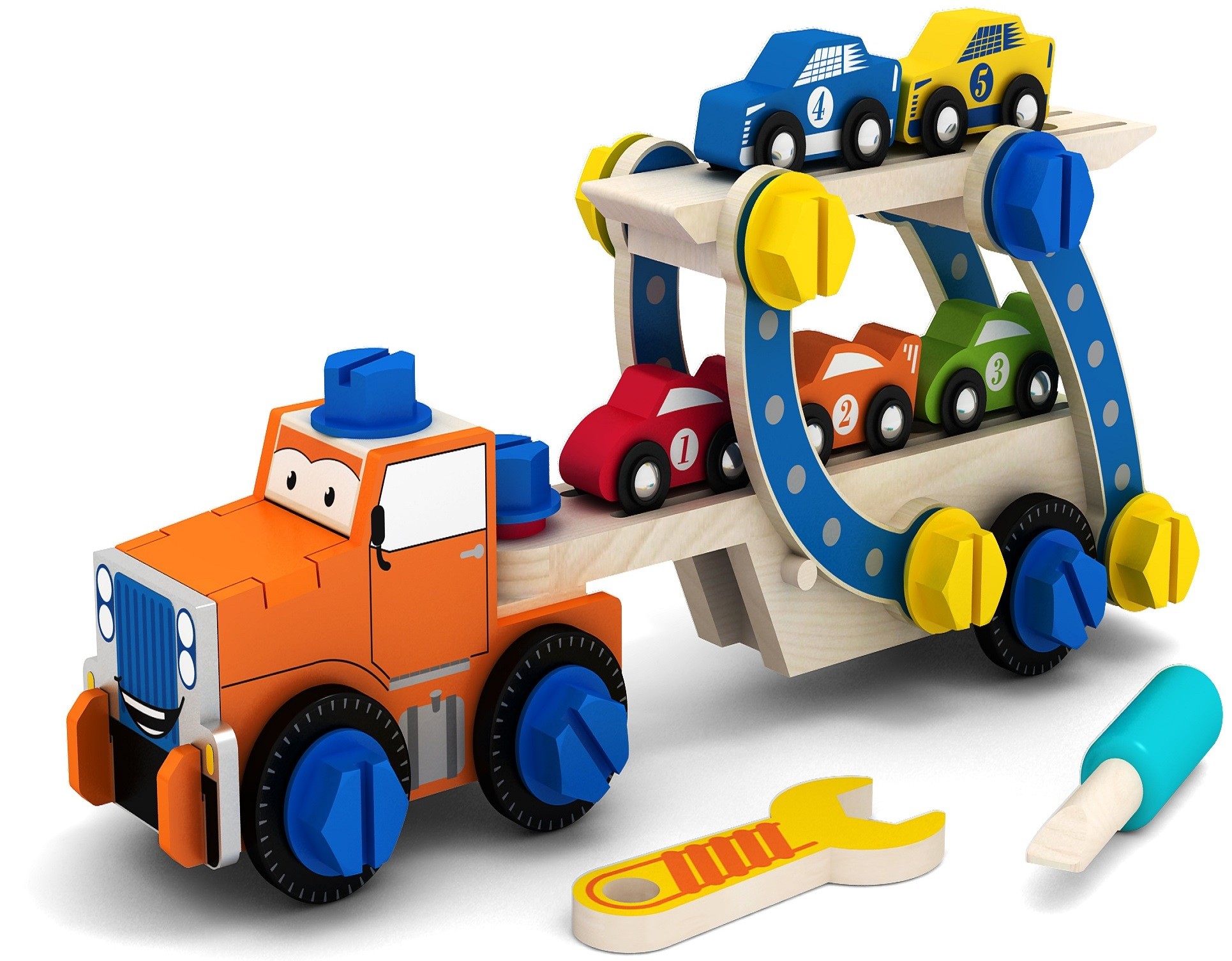 Дървен конструктор Acool Toy - Камион за сглобяване с колички, 49 части ...