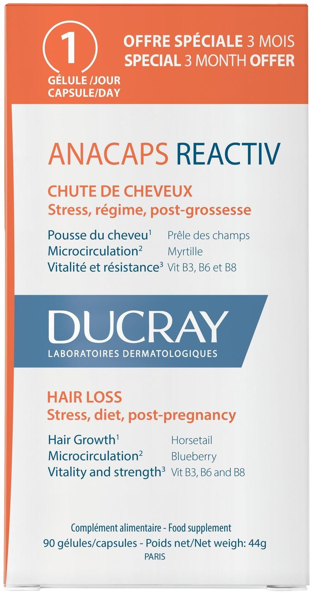 Ducray Anacaps Хранителна добавка за коса и нокти Reactiv, 90 капсули ...
