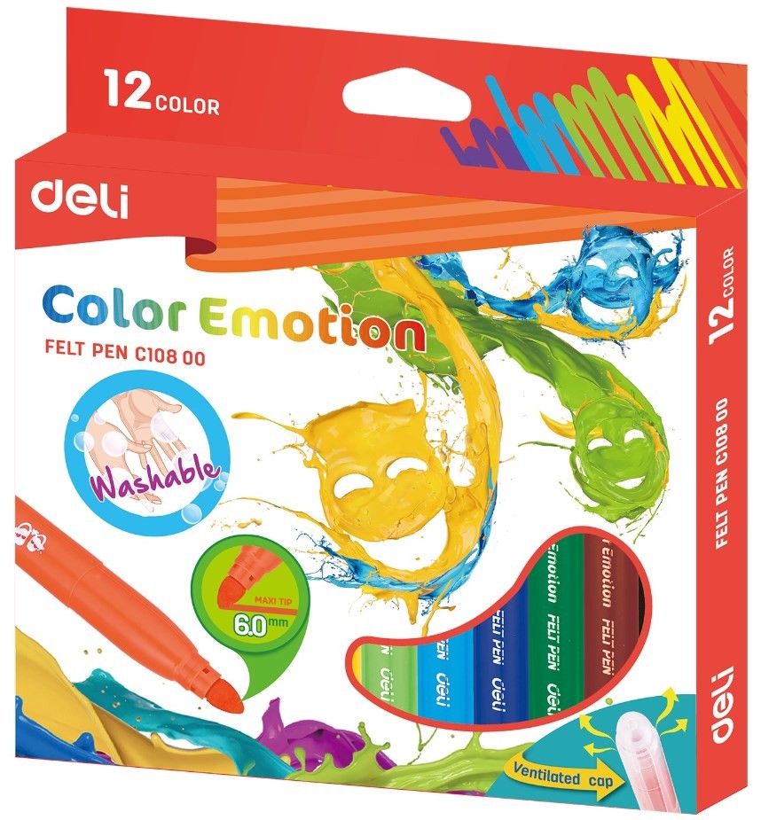 Флумастери Deli Color Emotion - Jumbo, 12 цвята, измиващи се | Ozone.bg