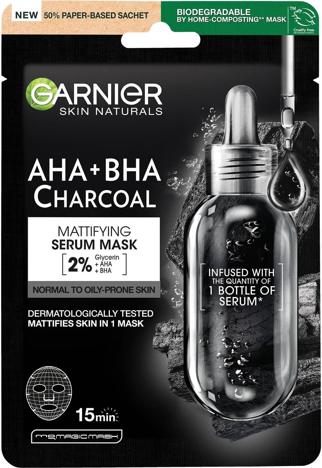 Garnier Skin Naturals Матиращa лист маска AHA + BHA Charcoal, 28 g ...