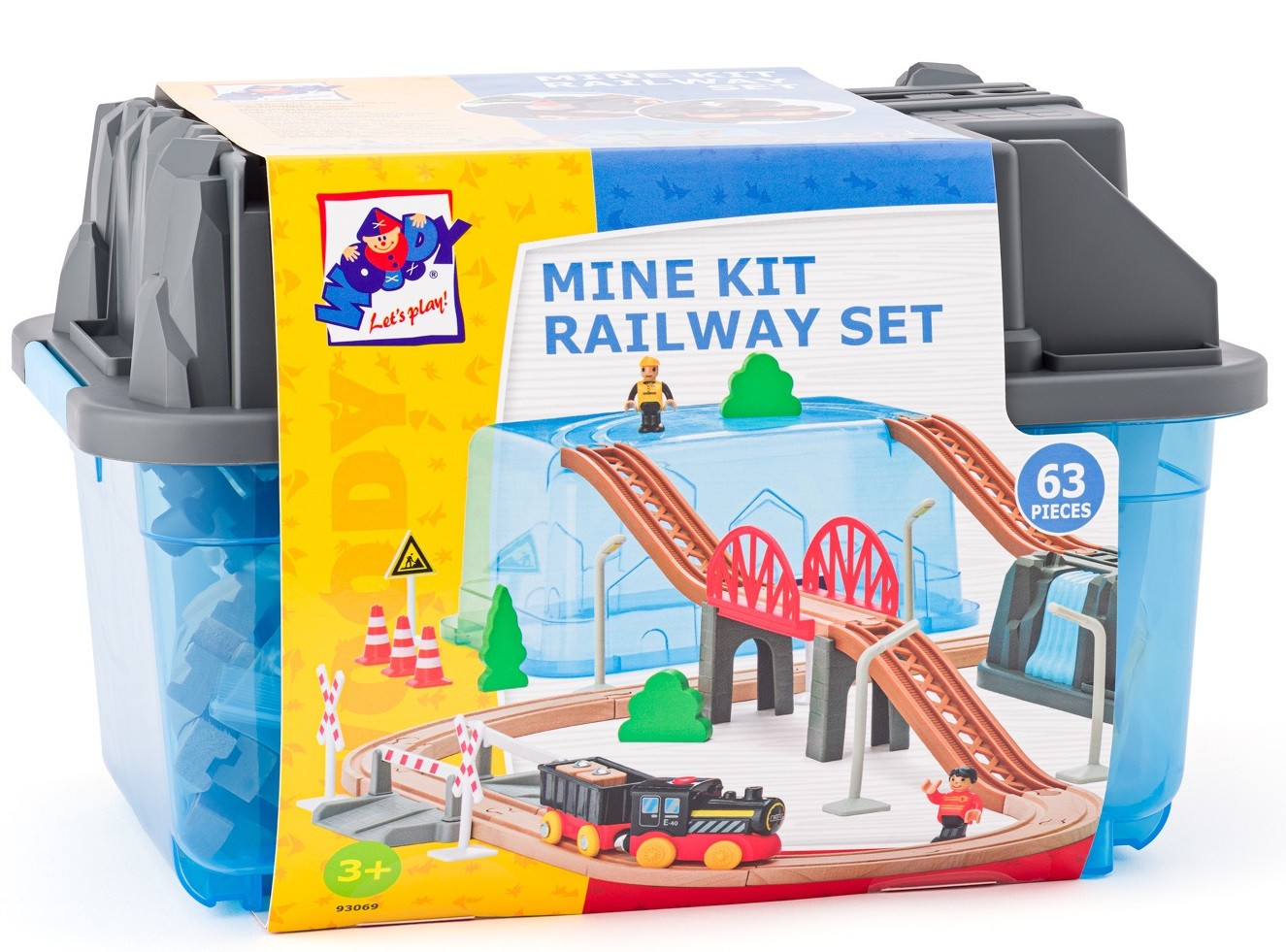 Игрален комплект Woody - Дървено влакче, мина, 63 части | Отлична цена | Ozone.bg