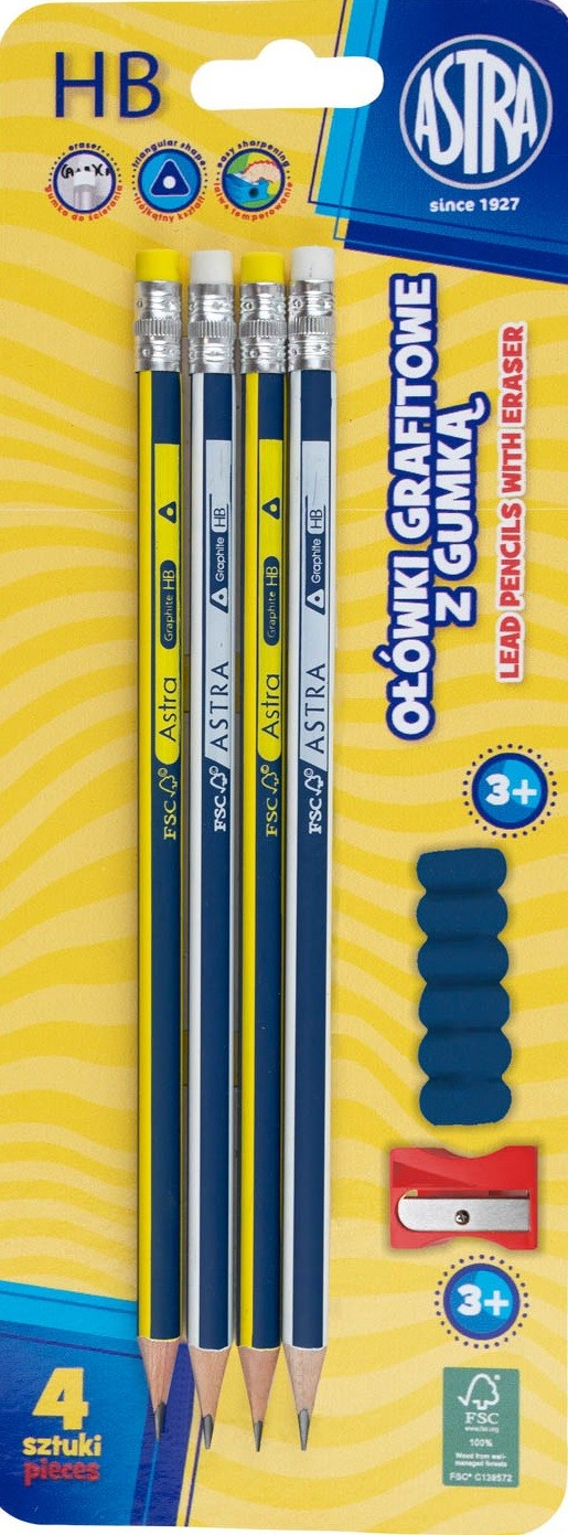 Комплект графитни моливи Astra - С острилка и капачка, HB, 4 броя ...