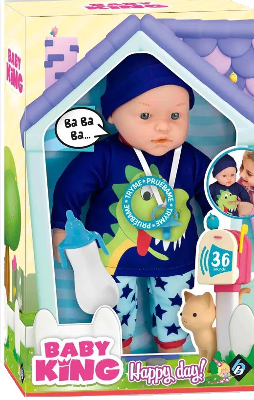 Кукла-бебе Loko Toys - Baby King, с биберон и 36 звука, момче, 37 cm ...