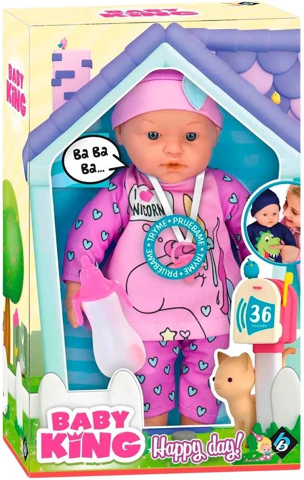 Кукла-бебе Loko Toys - Baby King, с биберон и 36 звука, момиче, 37 cm ...