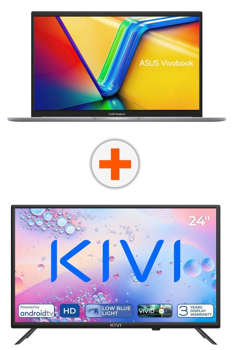 Лаптоп ASUS - Vivobook, 15.6'', R3, 8GB/512GB + Смарт телевизор KIVI 24H760QB | Ozone.bg