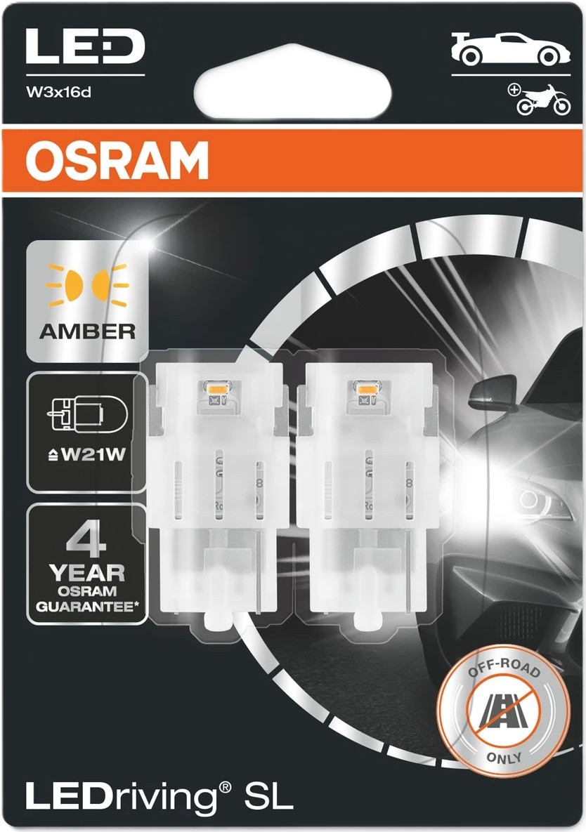 LED Автомобилни крушки Osram - LEDriving, SL, Amber, W21W, 1.3W, 2 броя, жълти | Ozone.bg