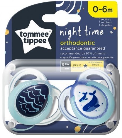 Tommee Tippee Ортодонтични залъгалки NIGHT TIME 0-6м, 2 бр./оп., Китове ...