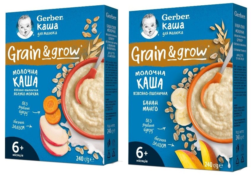 Овесено-пшенична млечна каша Nestle Gerber - С банан и манго, 6 м+, 240 g + ябълка и морков, 6м ...