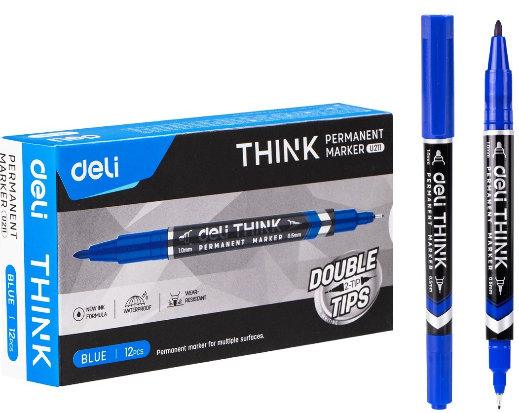 Перманентен маркер Deli Think - EU211, двувърх, син | Ozone.bg