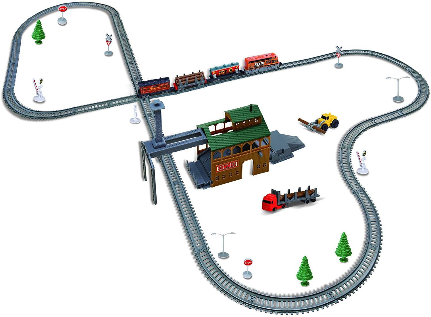 Игрален комплект Power Train World - Товарен влак с дъскорезница, 450 ...