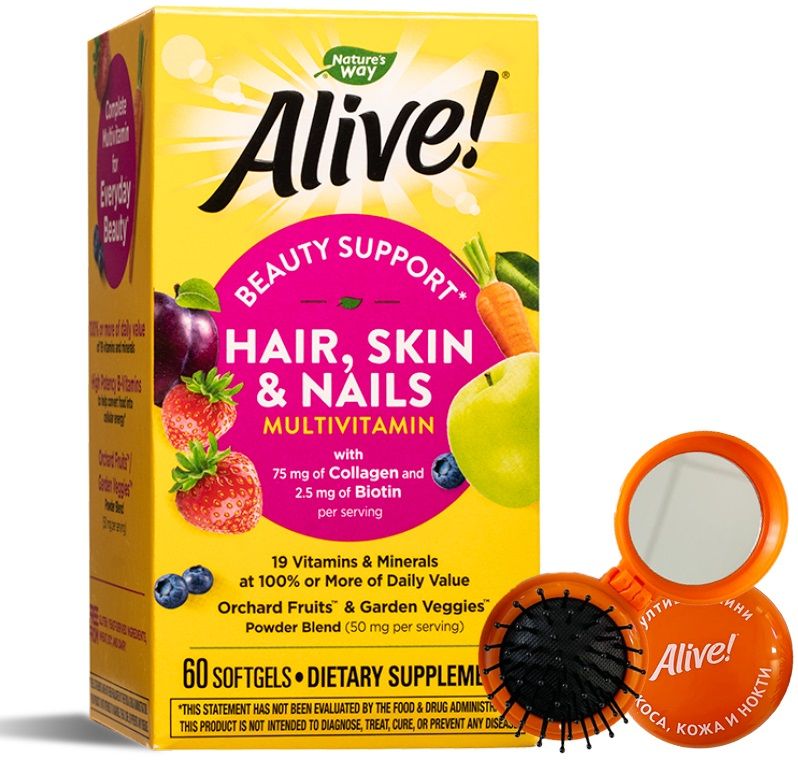 Alive Hair, Skin & Nails Multivitamin, 60 софтгел капсули, Nature's Way ...