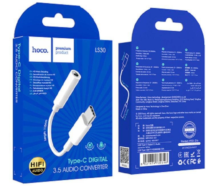 Аудио адаптер Hoco - LS30, USB-C/3.5mm M/F, 11.5cm, бял | Ozone.bg