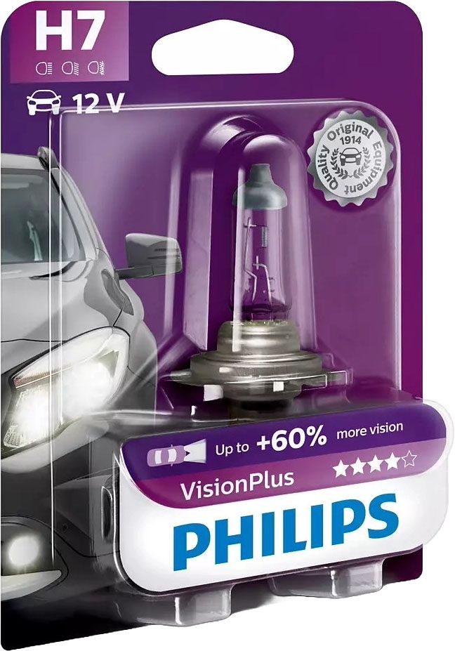 Автомобилна крушка Philips - H7, Vision plus +60% more light, 12V, 55W ...
