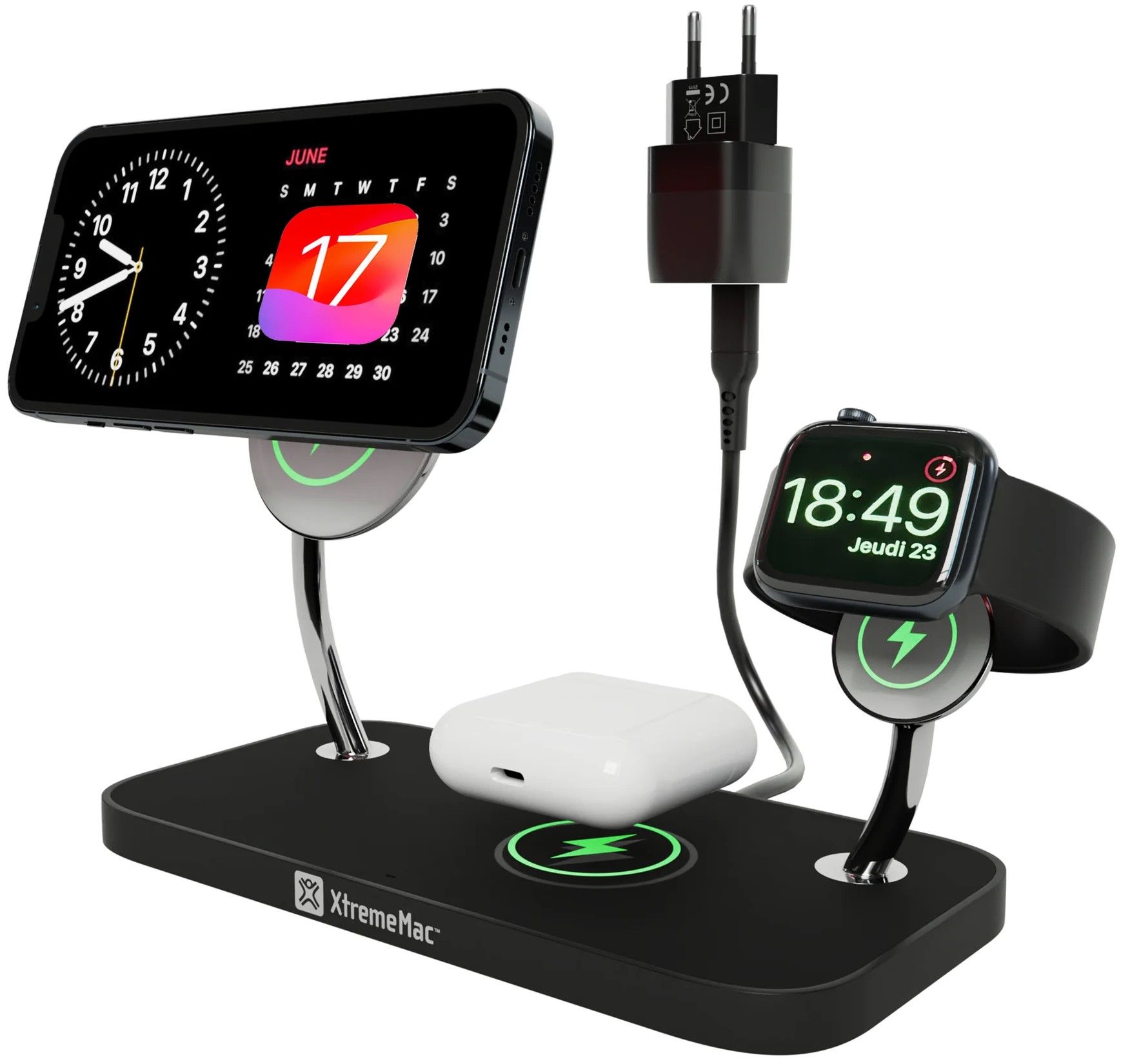 Безжично зарядно XtremeMac - X-MAG Pro 3 в 1, MagSafe, 25W, черно ...