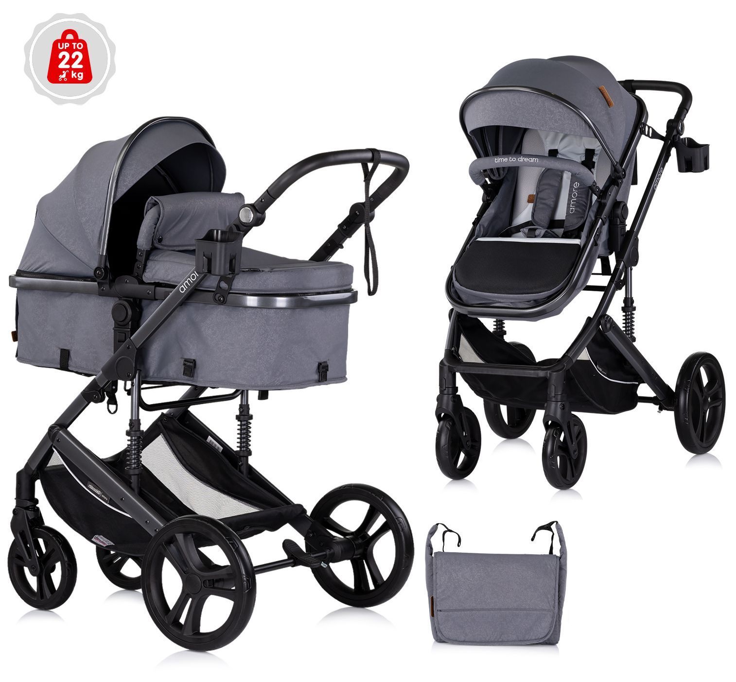 Бебешка количка с трансформиращ се кош Chipolino - Аморе, облачно сиво | Добра цена | Ozone.bg
