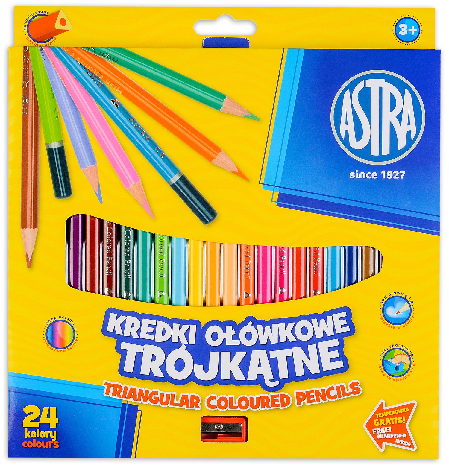 Триъгълни цветни моливи Astra - 24 цвята, с острилка | Ozone.bg