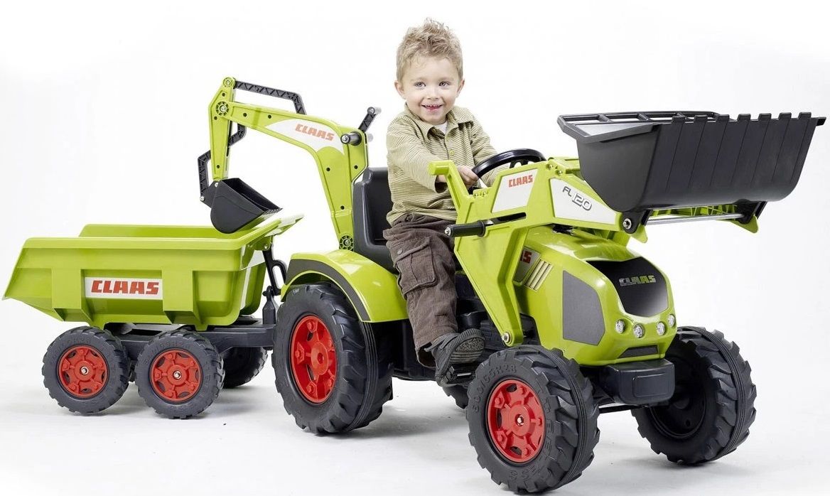 Детски багер Falk - Claas, с две лопати, ремарке и педали, зелен | Отлична цена | Ozone.bg