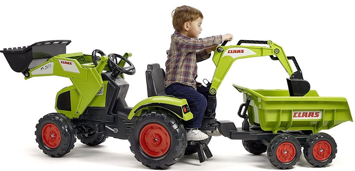 Детски багер Falk - Claas, с две лопати, ремарке и педали, зелен | Отлична цена | Ozone.bg