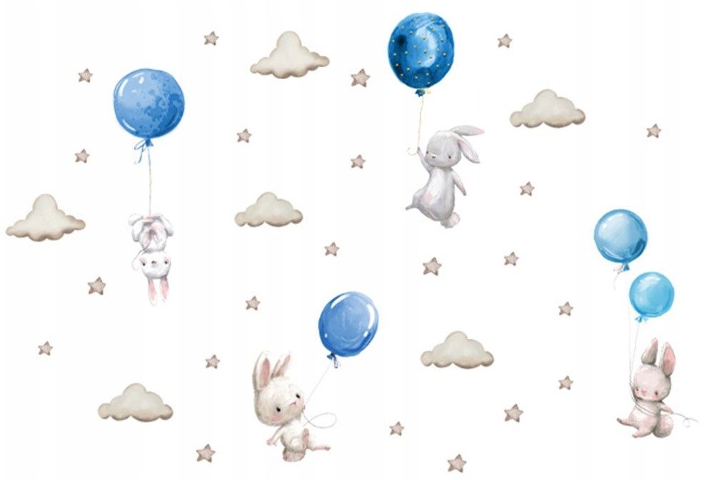Детски стикери за стена за детска стая Sipo - Зайчета и балони, сини ...