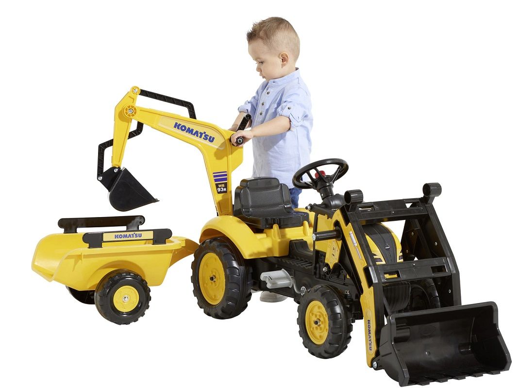 Детски багер Falk - Komatsu, с две кофи, ремарке и педали, жълт | Отлична цена | Ozone.bg