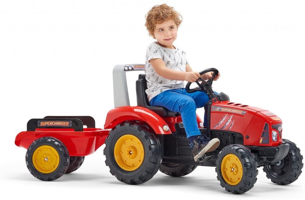Детски трактор Falk - С отварящ се капак, педали и ремарке, червен | Отлична цена | Ozone.bg
