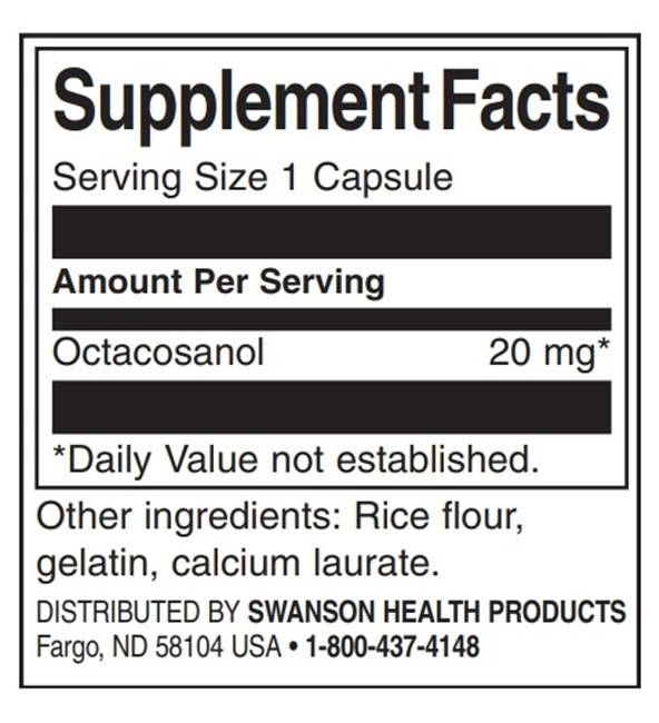 Octacosanol, 20 mg, 30 капсули, Swanson | Ozone.bg