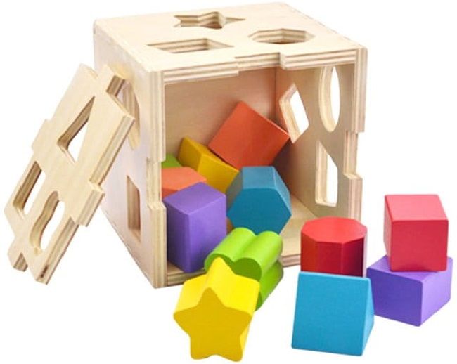 Игрален комплект Acool Toy - Дървен куб сортер с геометрични фигури ...