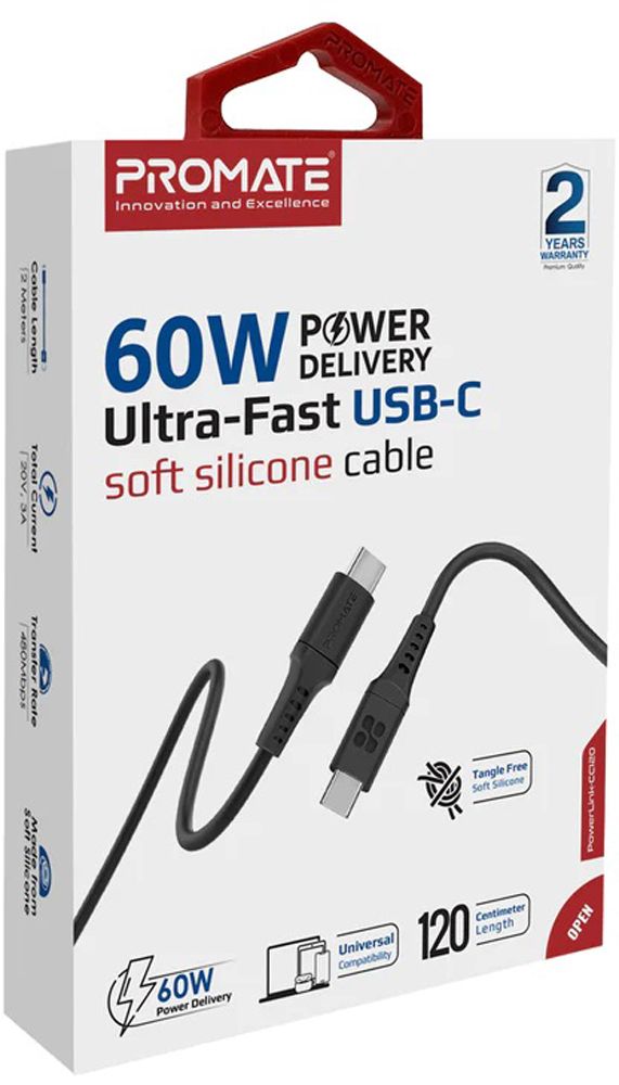 Кабел ProMate - PowerLink-CC120, USB-C/USB-C, 1.2 m, черен | Ozone.bg