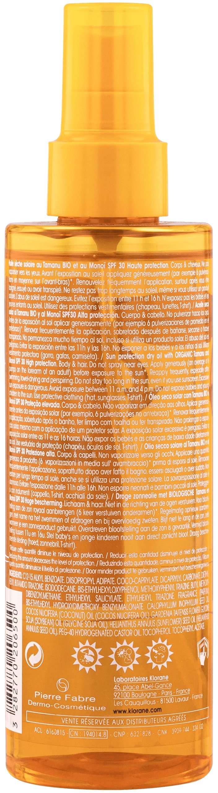 Klorane Polysianes Monoi & Tamanu Слънцезащитно олио за коса и тяло ...