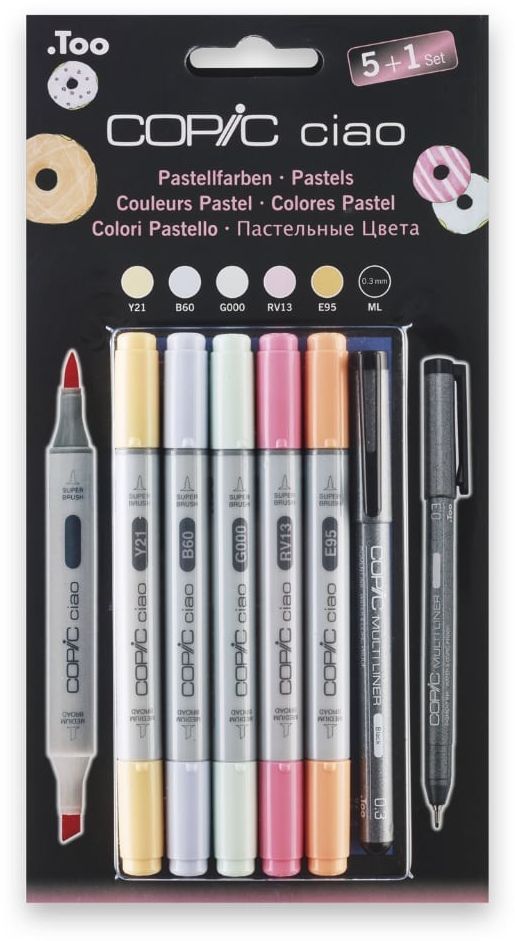Комплект маркери Too Copic Ciao - Пастелни нюанси, 5 цвята + 1 черен ...