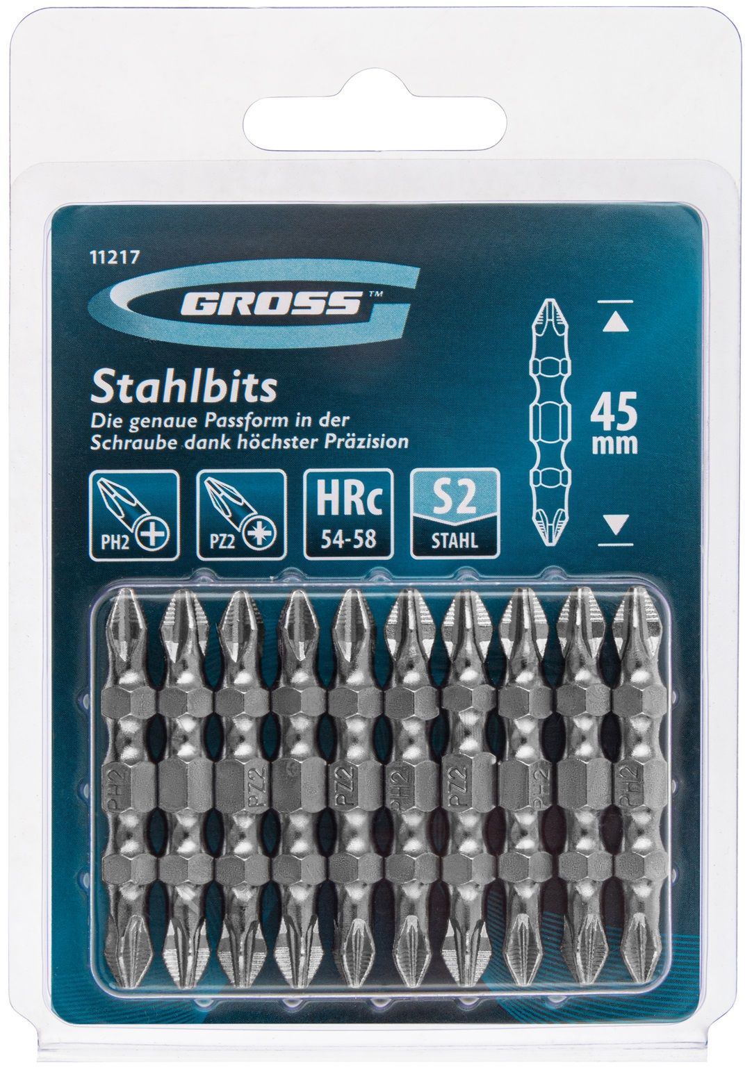 Комплект двустранни битове Gross - PH2-Pz2 x 45 mm, S2, 10 броя | Ozone.bg