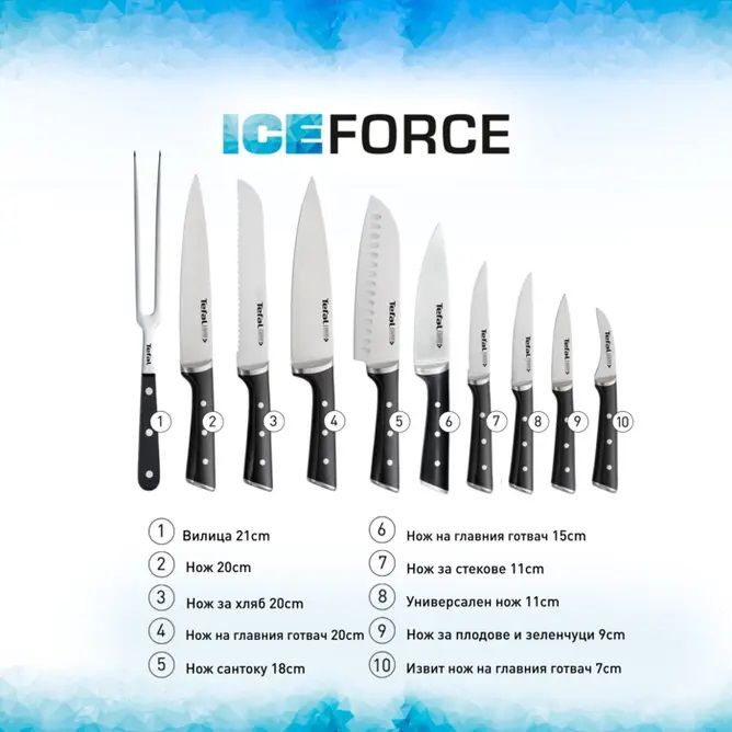 Комплект ножове с дървена стойка Tefal - Ice Force K232S574, 6 части ...