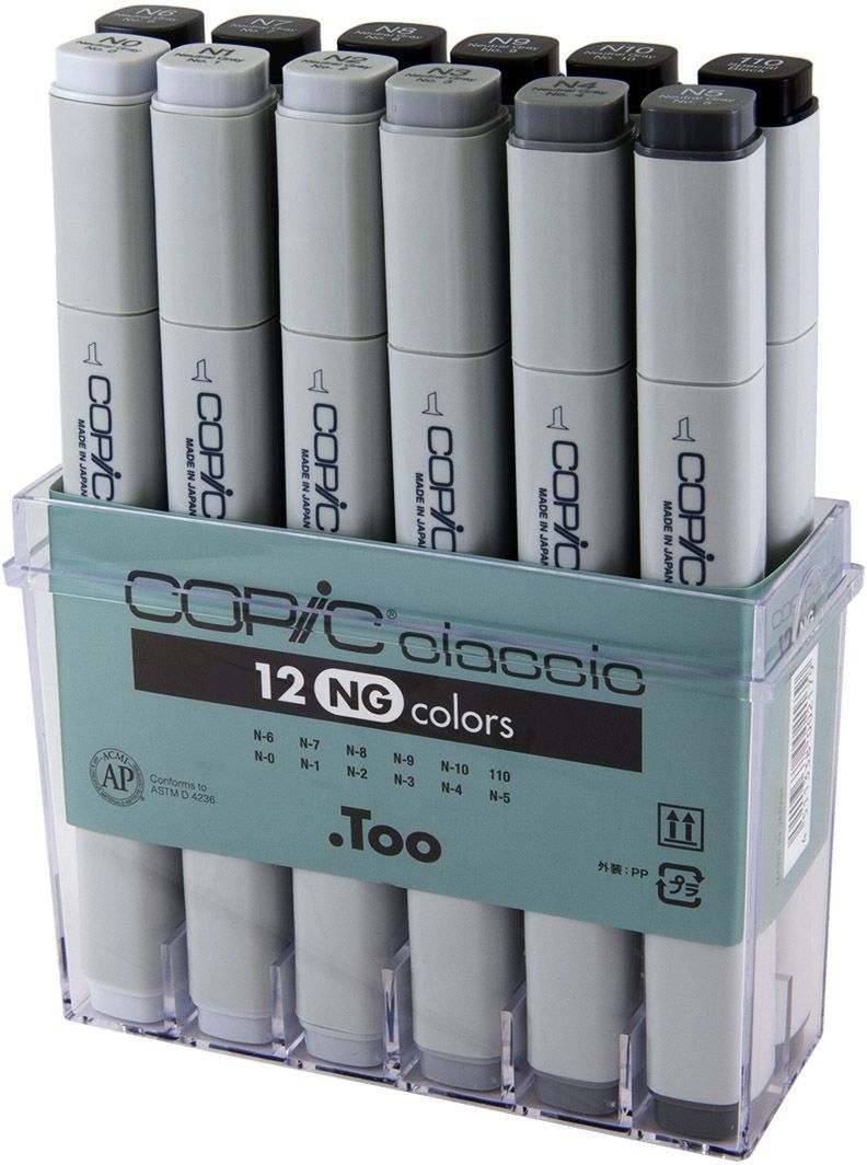 Комплект маркери Too Copic Classic - Неутрални сиви тонове, 12 цвята ...