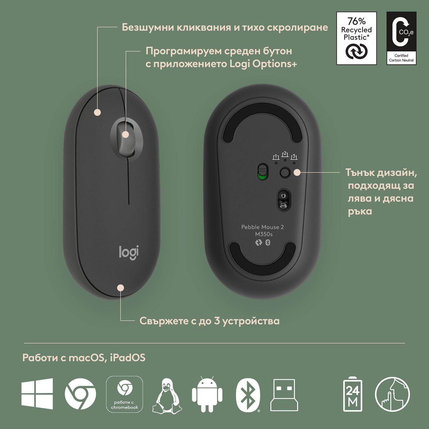 Комплект клавиатура Logitech K380s + мишка Logitech M350s, сиви | Ozone.bg