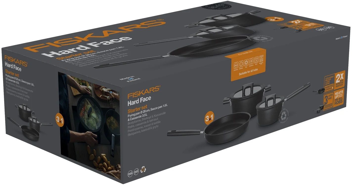 Комплект съдове за готвене Fiskars - Hard Face, 3 части, черни | Ozone.bg