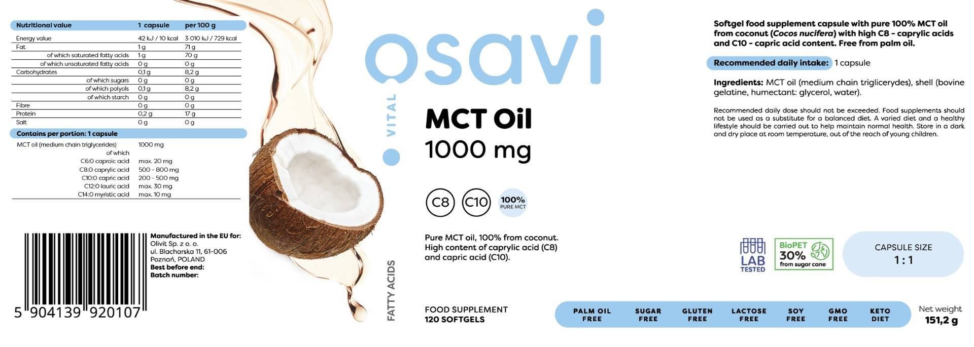 MCT Oil, 1000 mg, 120 гел капсули, Osavi | Ozone.bg