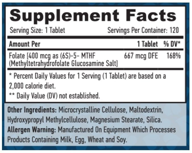 Methyl Folate, 400 mсg, 120 таблетки, Haya Labs | Ozone.bg
