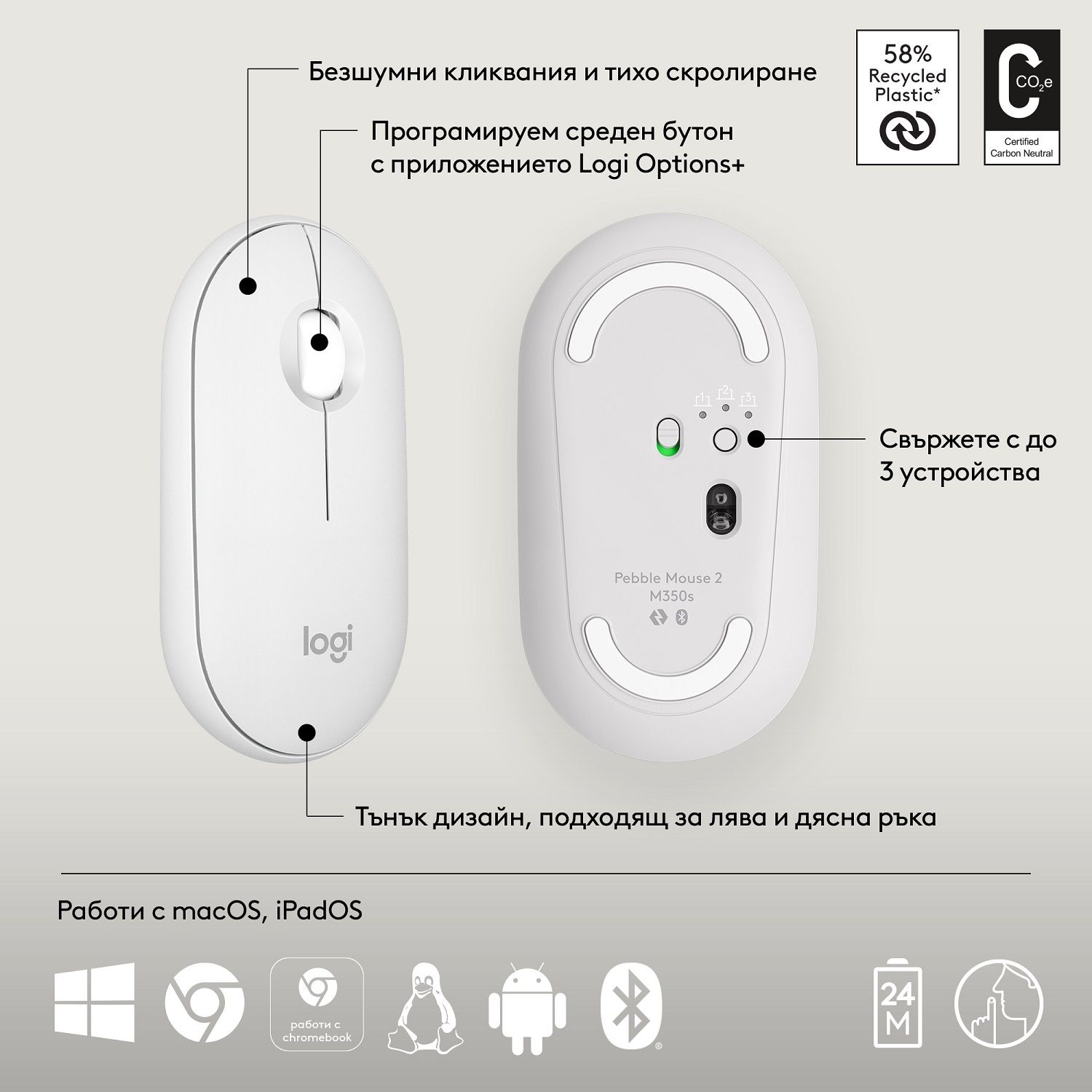 Мишка Logitech - Pebble Mouse 2 M350s, оптична, безжична, White | Ozone.bg