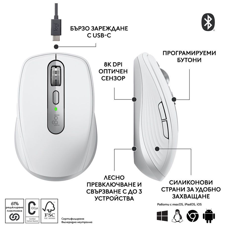 Мишка Logitech - MX Anywhere 3S, оптична, безжична, Pale grey | Ozone.bg