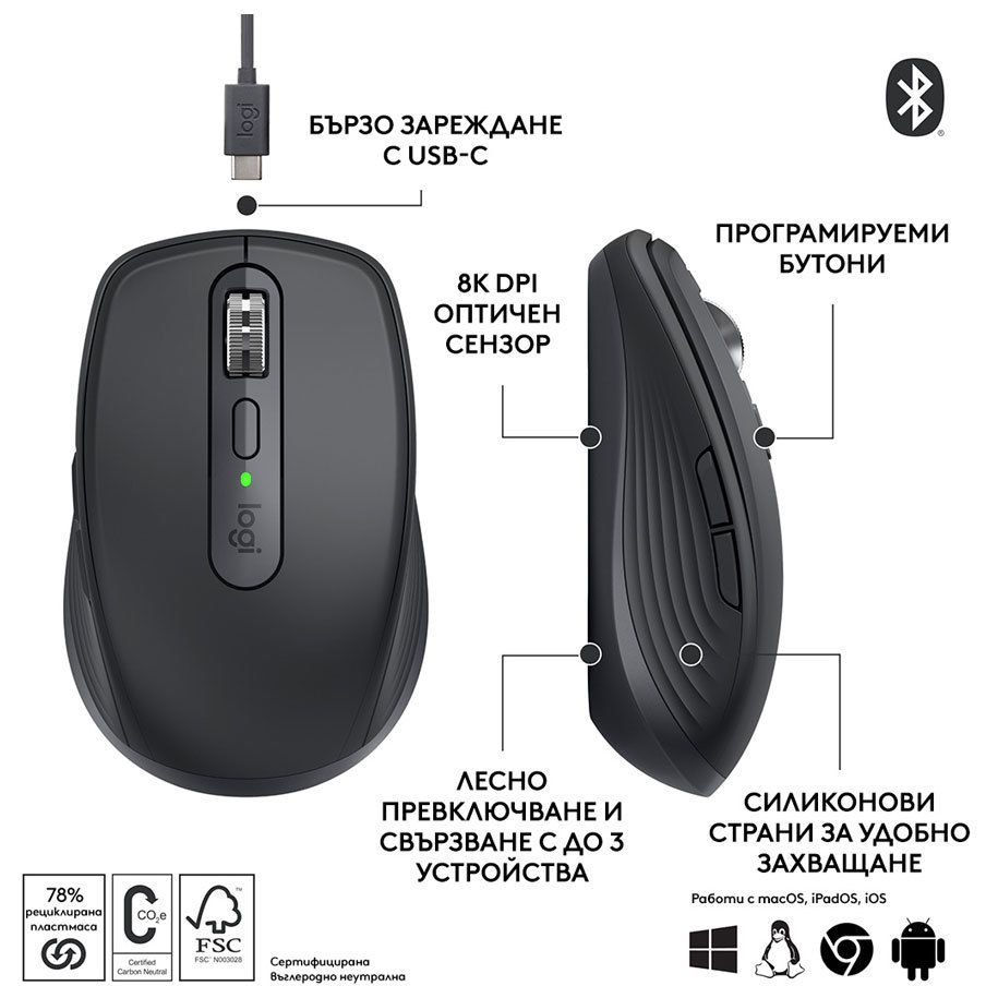 Мишка Logitech - MX Anywhere 3S, оптична, безжична, graphite | Ozone.bg