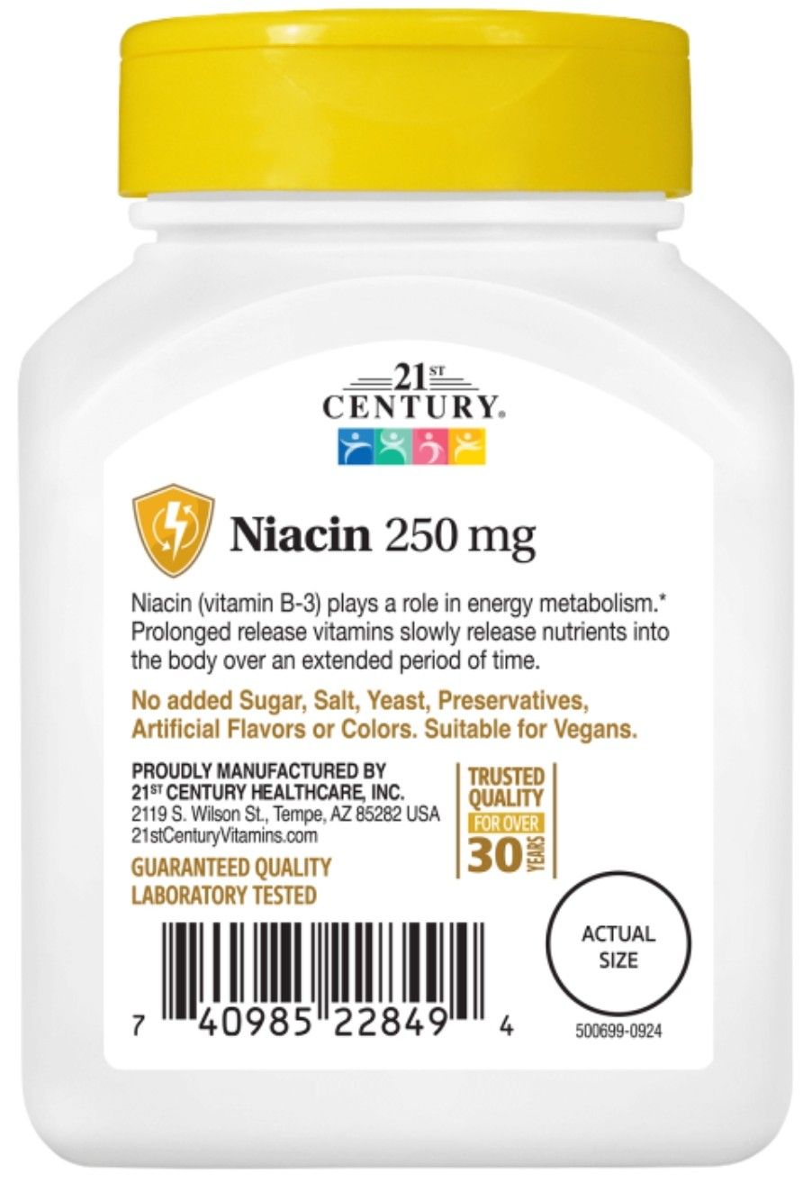 Niacin Prolonged Release, 250 mg, 110 таблетки, 21st Century | Ozone.bg
