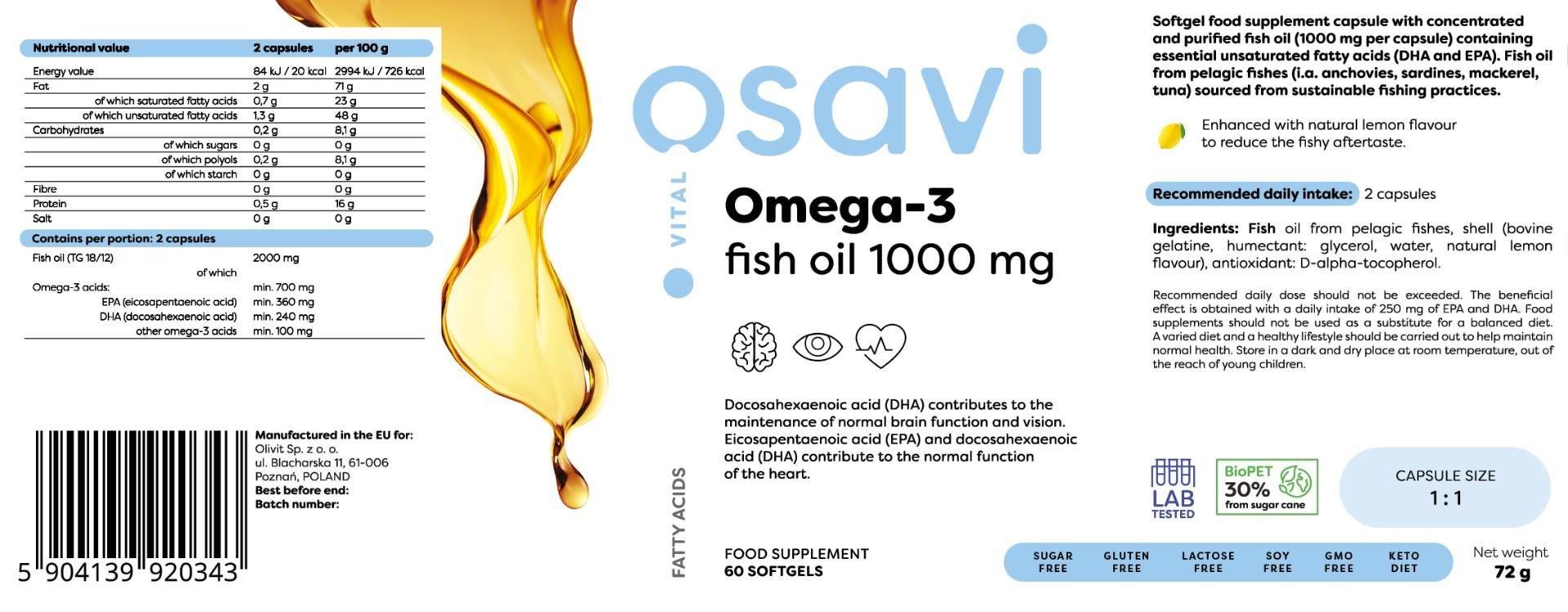 Omega-3 Fish Oil, 1000 mg, lemon, 60 гел капсули, Osavi | Ozone.bg