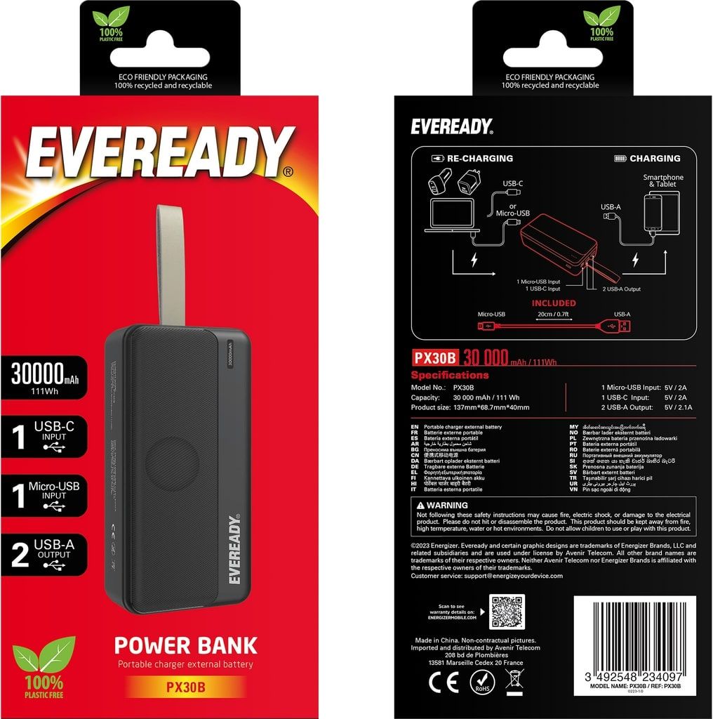 Портативна батерия EVEREADY - Power Bank, 30 000 mAh, черна | Ozone.bg