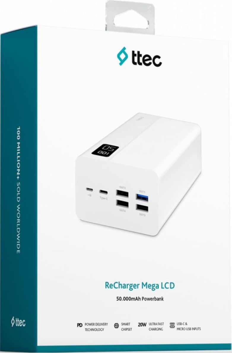 Портативна батерия ttec - ReCharger Mega LCD, 50.000 mAh, бяла | Ozone.bg