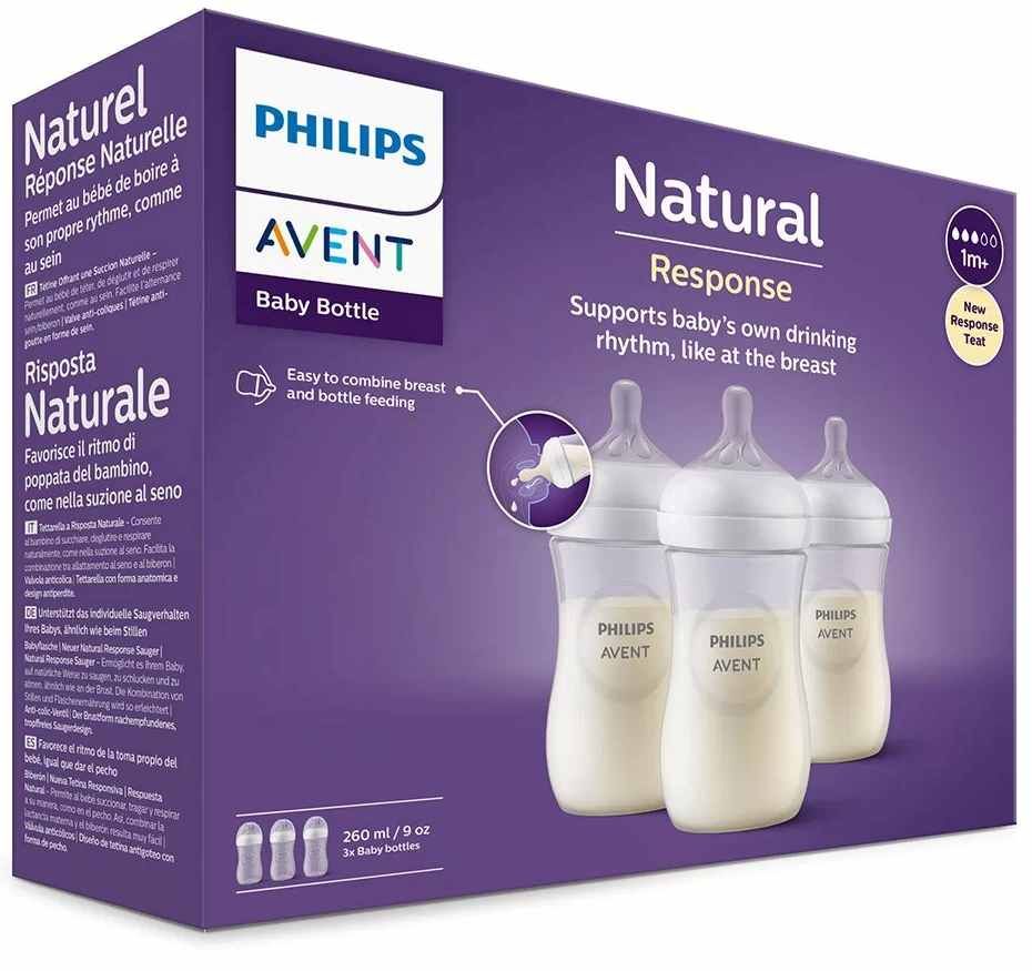 Шишета Philips Avent - Natural Response 3.0, с биберон 1 м+, 3 х 260 ml ...